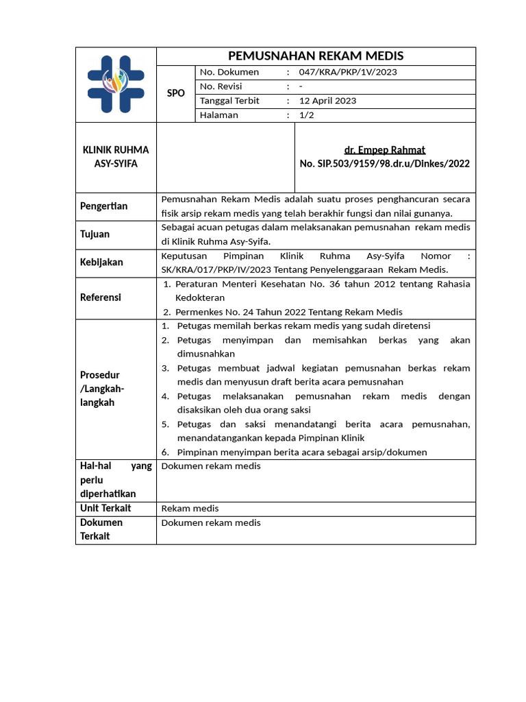Sop Penusnahan Dokumen Rekam Medis | PDF