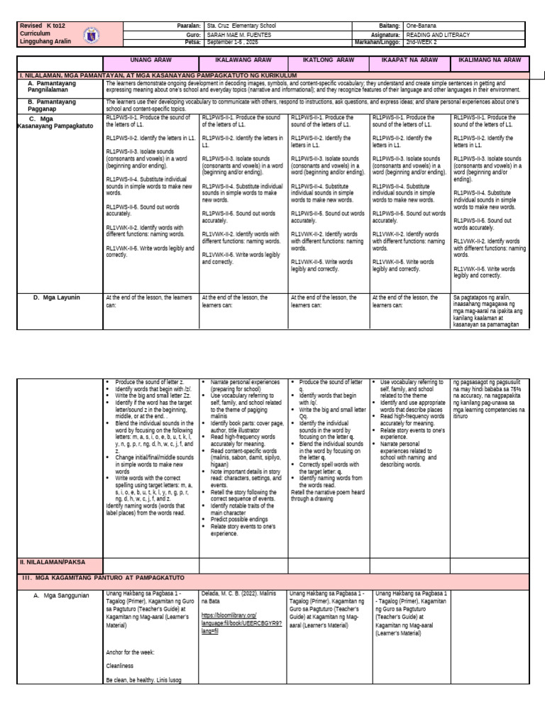 Week 2-Q2-Reading & Lit - G1-Do 42 Format | PDF | Consonant | Word