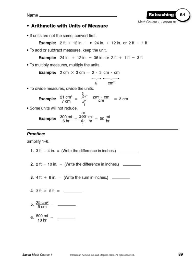 Saxon Course 1 Reteachings Lessons 81-90 | PDF | Volume | Ratio