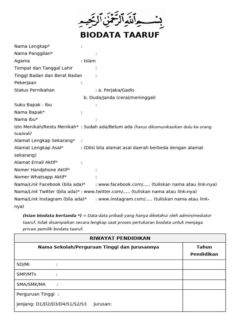 Biodata Taaruf Lengkap dan Terperinci | PDF