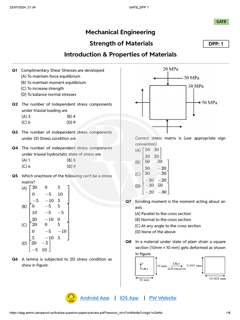Introduction & Properties of Materials - DPP 01 | PDF | Young's Modulus | Deformation (Engineering)