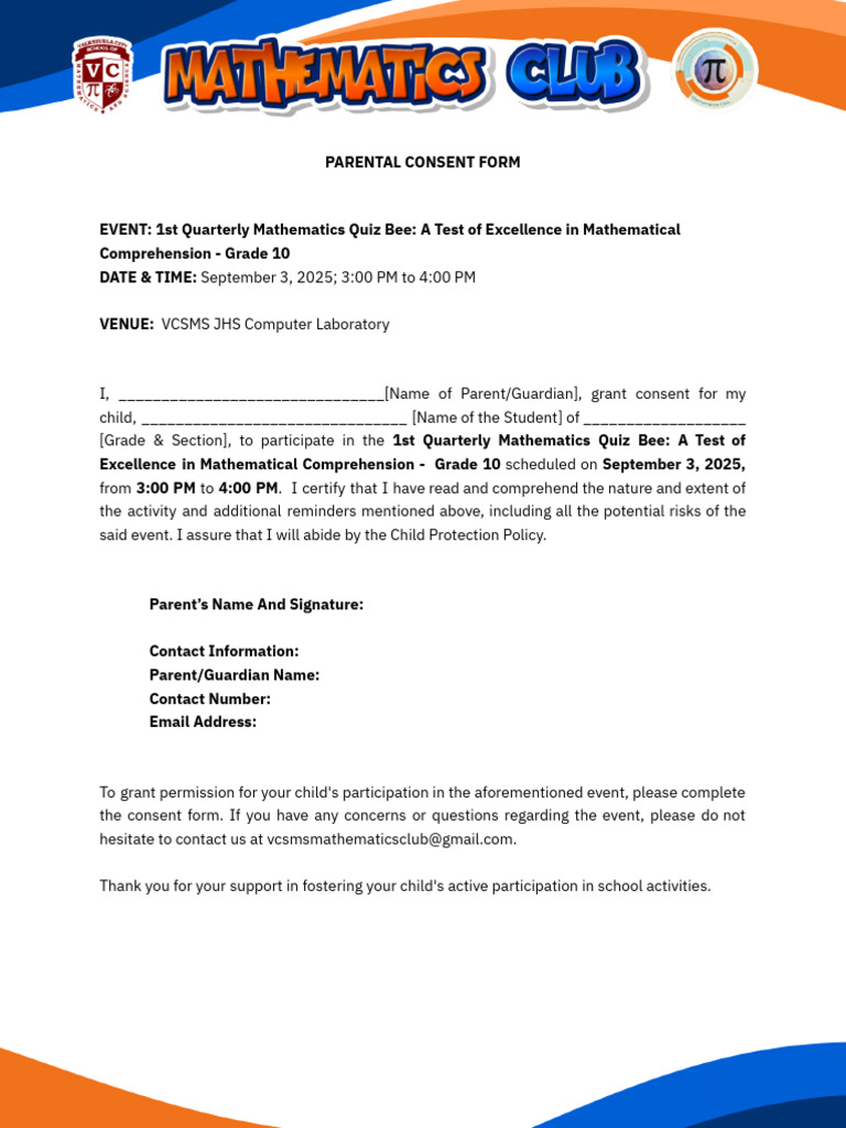 Grade 10 Math Quiz Bee Consent Form | PDF