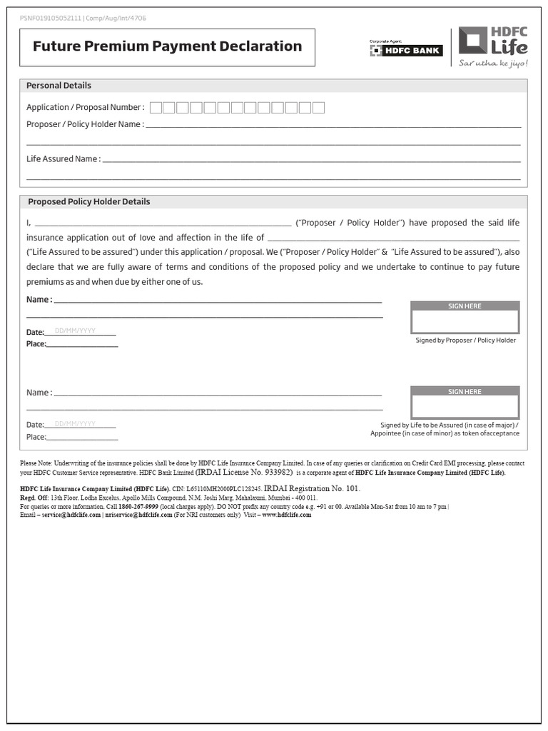 Future Premium Payment Declaration HDFC Bank | PDF | Insurance | Life Insurance