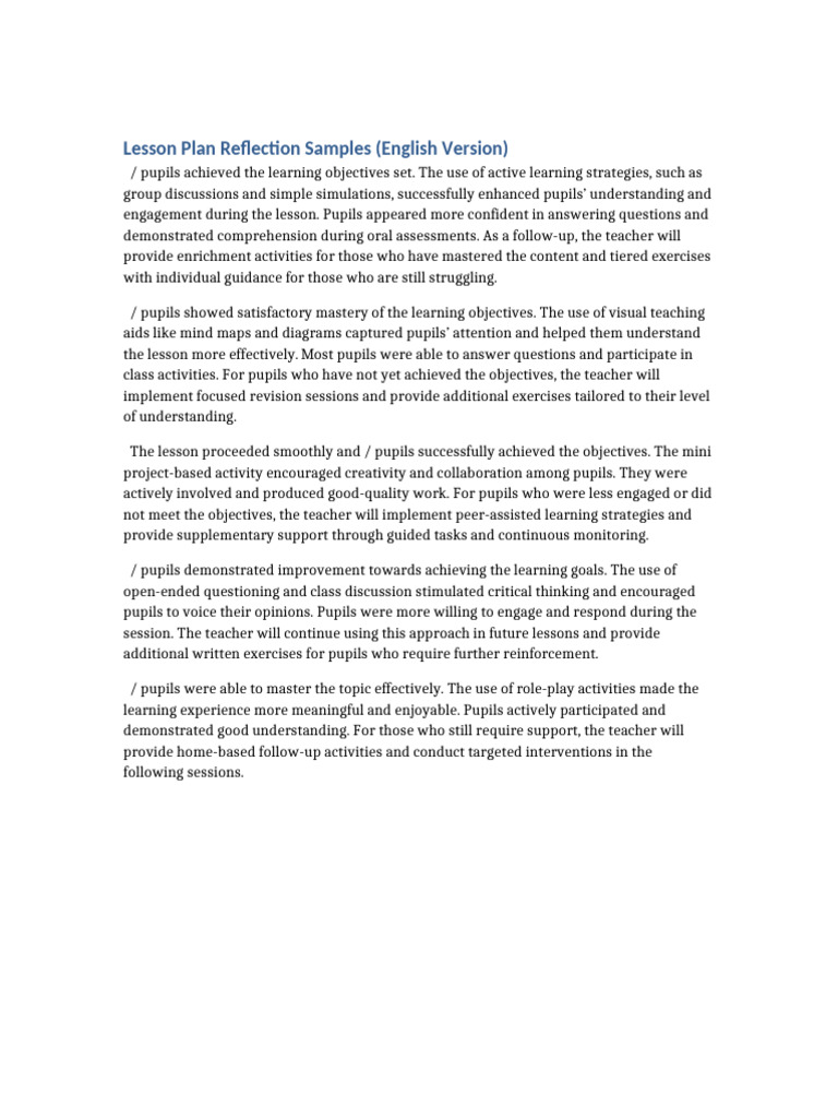 Lesson Plan Reflections English | PDF