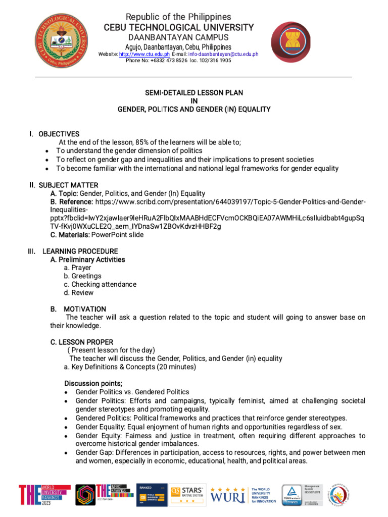 Gender Politics and Equality Lesson Plan | PDF | Gender Studies ...