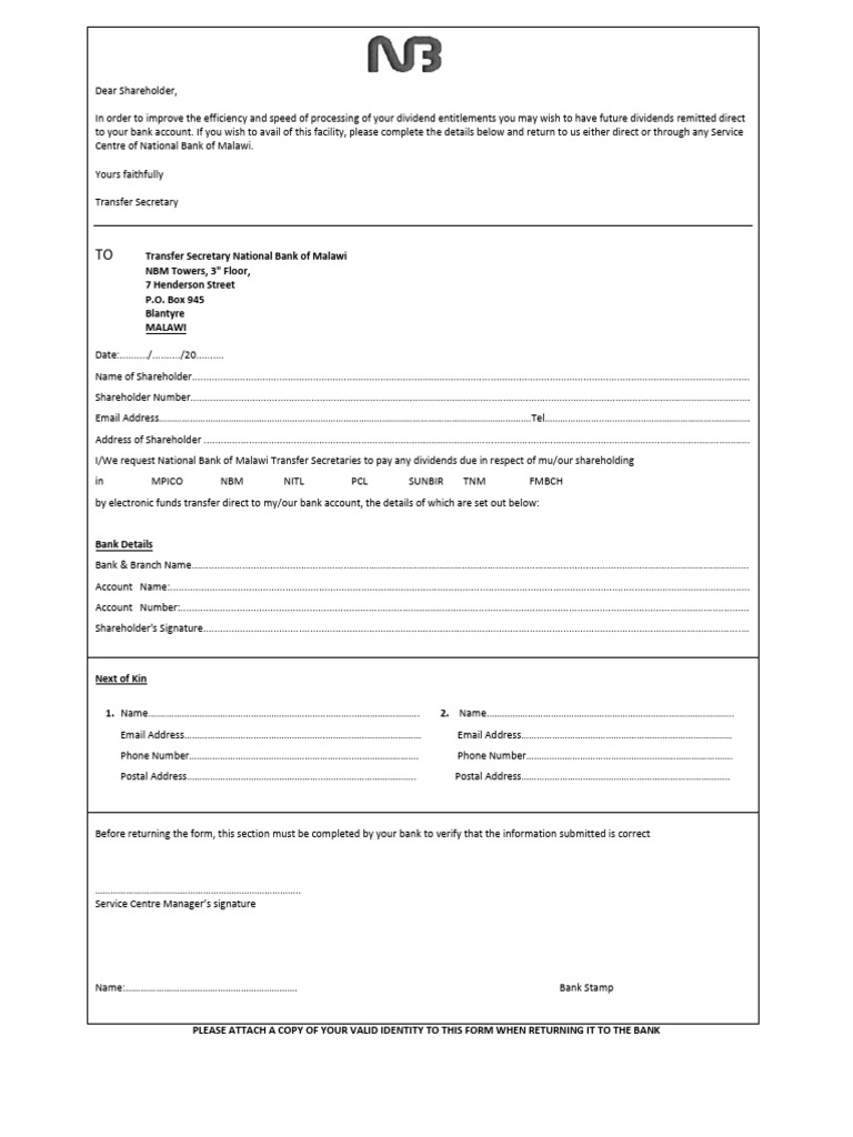 Mpico - NBM - Nitl - PCL - Sunbird - TNM - FMBCH - Dividend Form | PDF