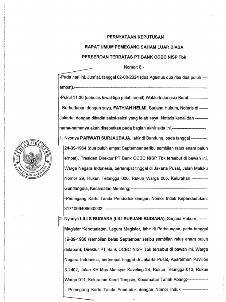 Akta PKR No. 8 Tanggal 2 Agustus 2024 - Perubahan AD | PDF