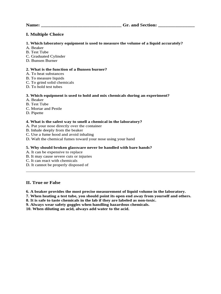 Lab Equipment Quiz Worksheet | PDF