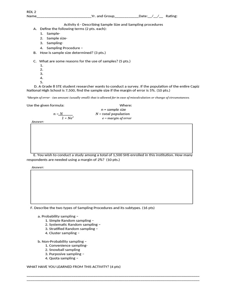 Activity 6 - Describing Sample Size and Sampling Procedures | PDF