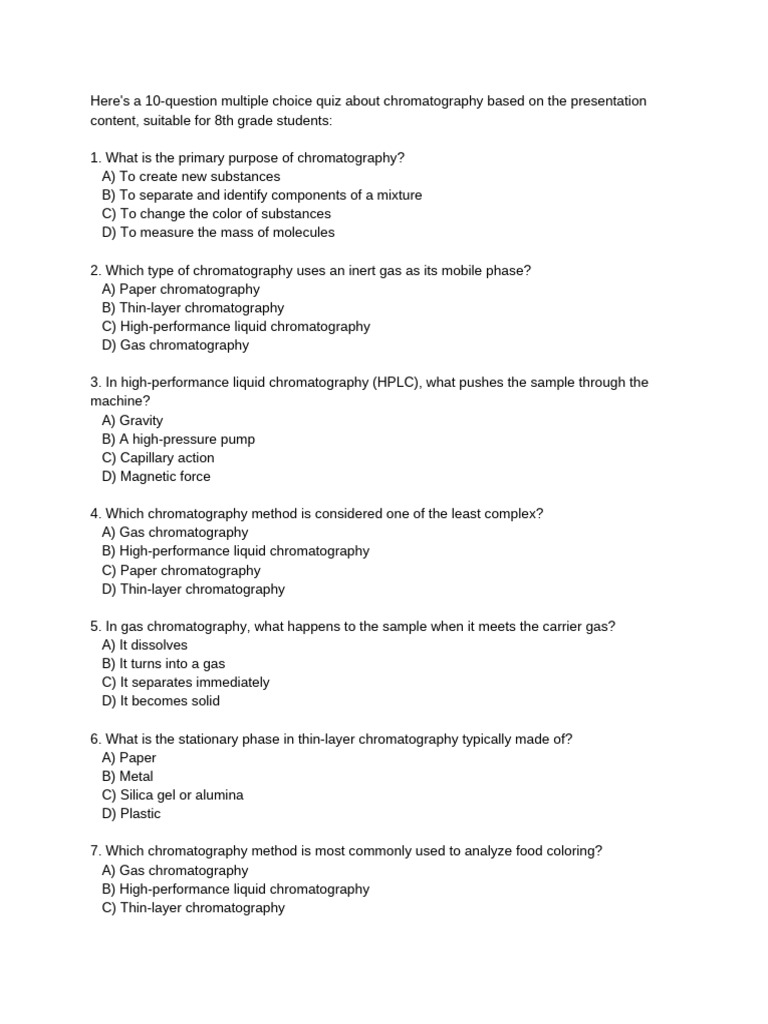 Chromatography Quiz for 8th Graders | PDF