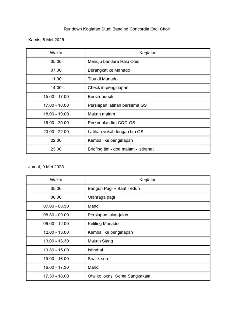 Rundown Studi Banding Concordia Orel Choir | PDF