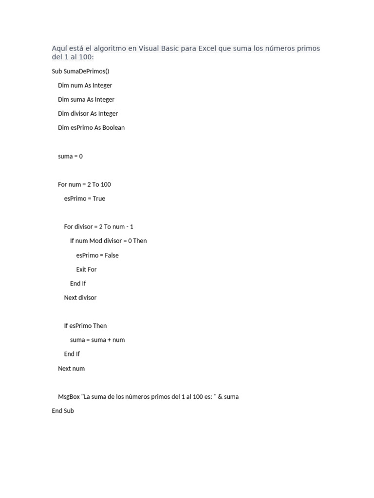 Suma de Primos en Excel con VBA | PDF