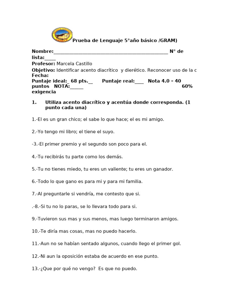 Imprimir Prueba Gramatica 5° | PDF