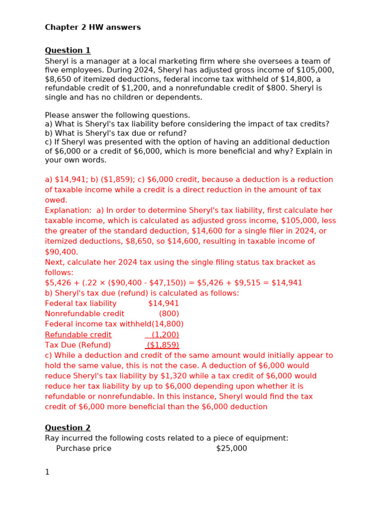 Chapter 2 HW Answers | PDF | Tax Deduction | Income Tax In The United ...