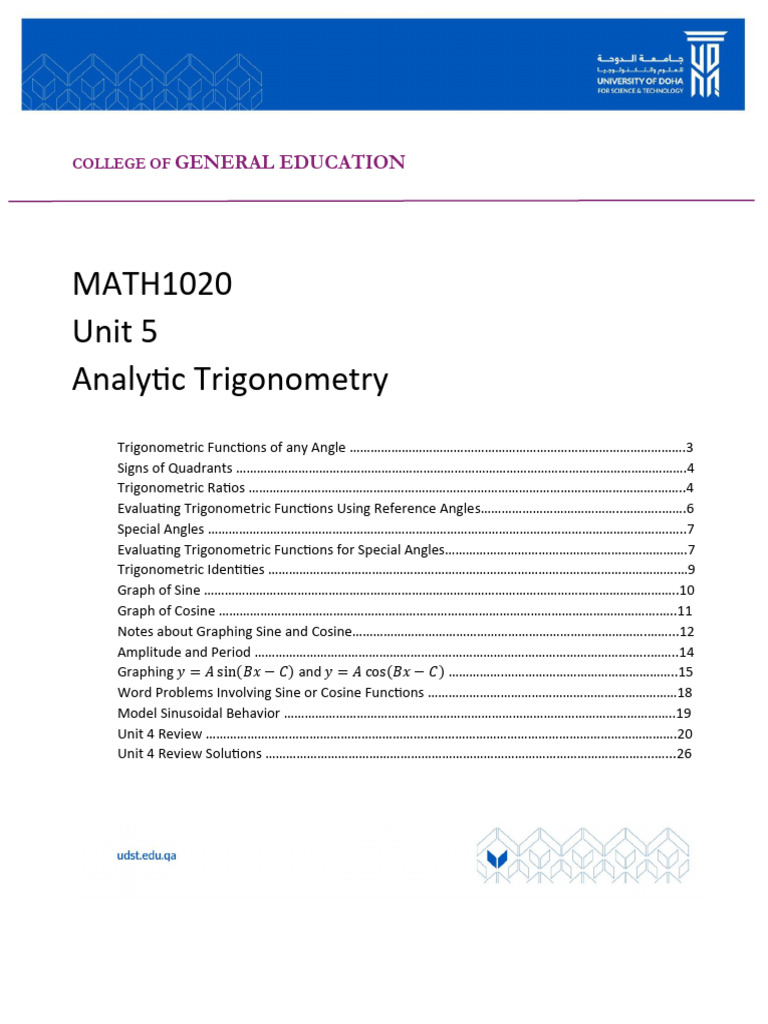 Analytic Trigonometry Unit Overview | PDF | Trigonometric Functions ...