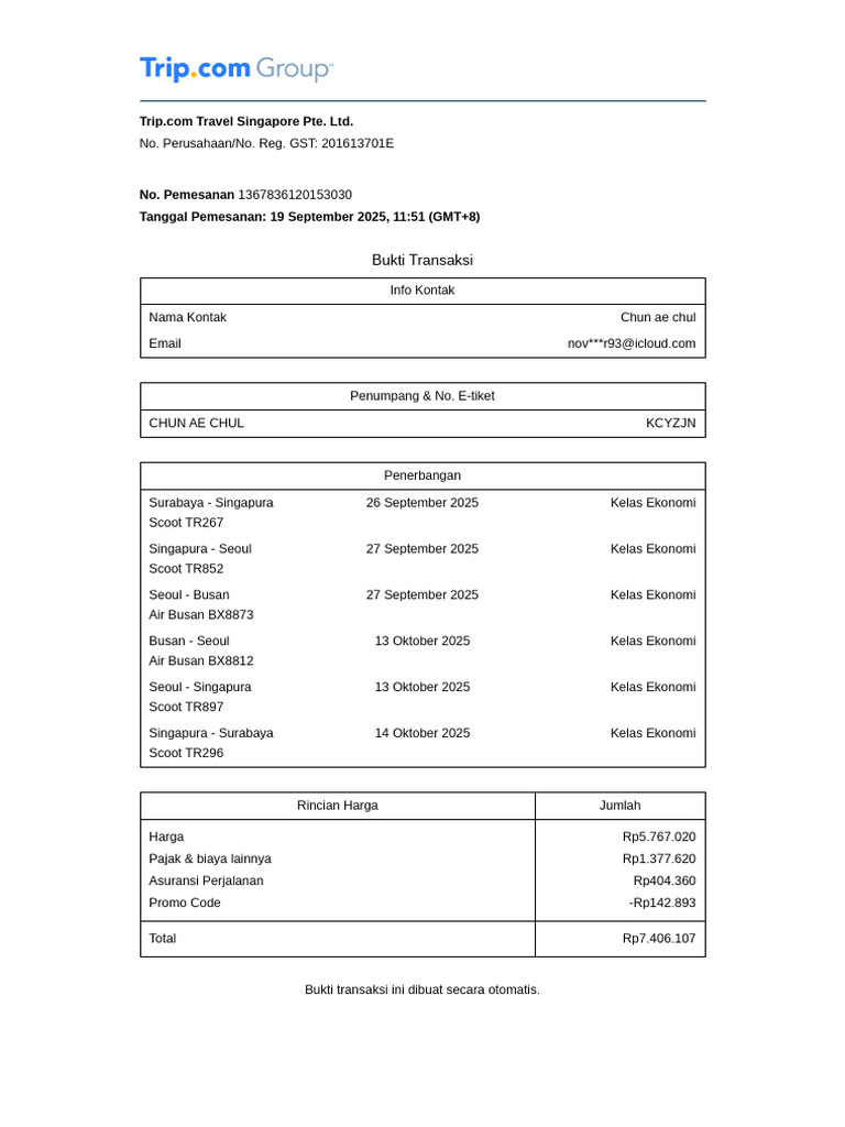 Trip.com Flight Booking Receipt | PDF | Civil Aviation | Airlines