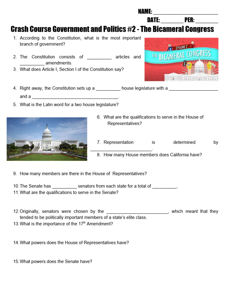 Crash Course Gov't and Politics #2 - The Bicameral Congress-3 - STUDENT ...