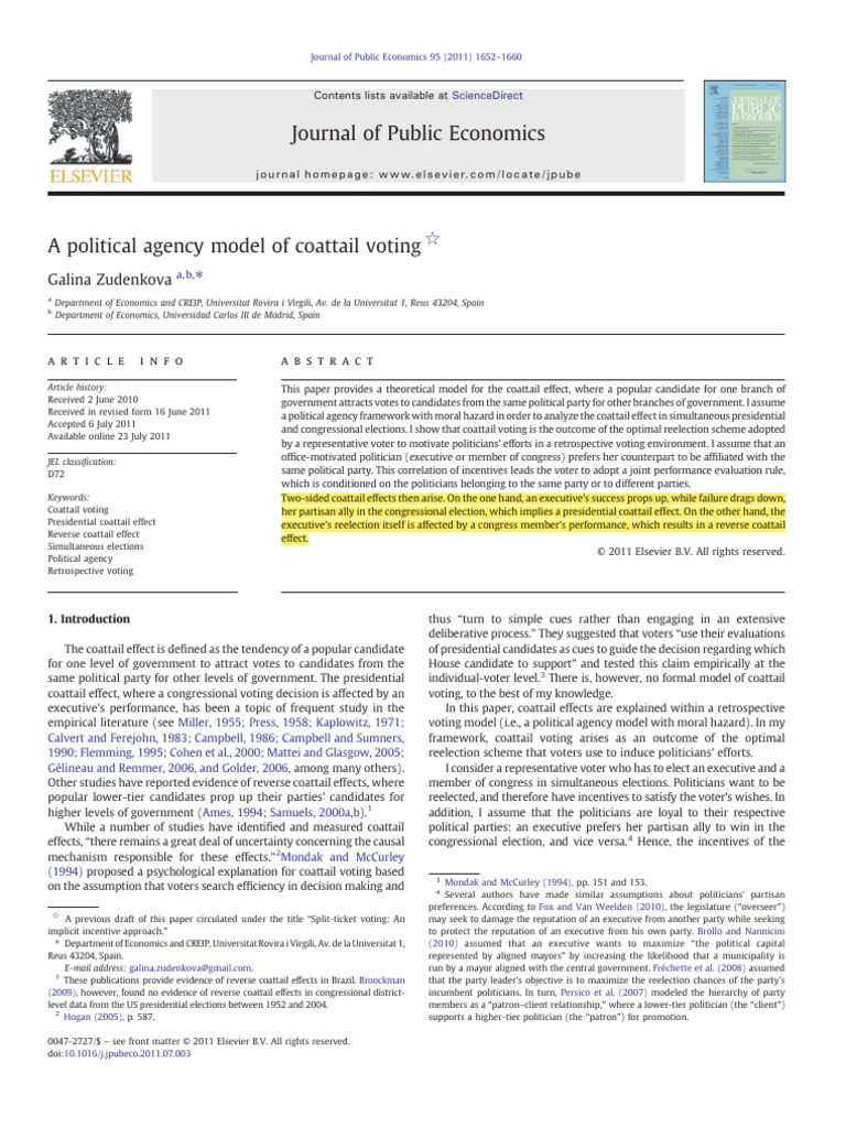 A Political Agency Model of Coattail Voting | PDF | Voting | Incentive