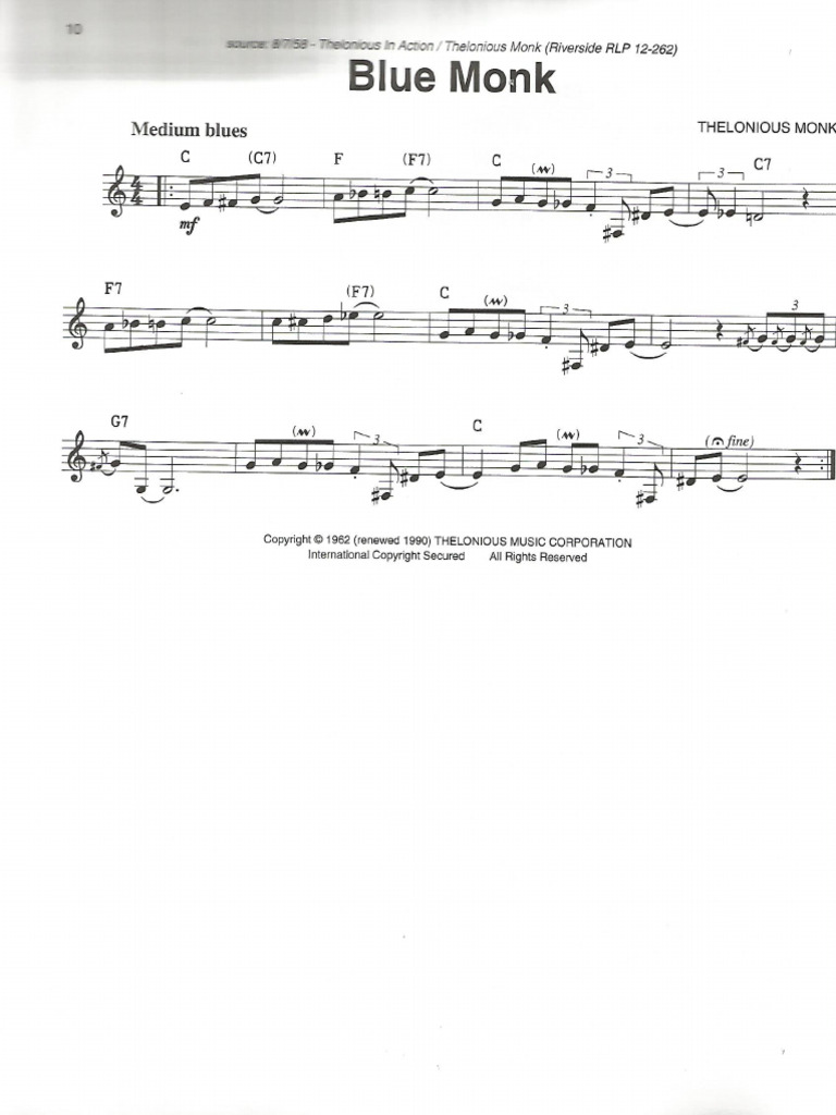 Bb Blues Blue Monk - Bb Lead Sheet | PDF