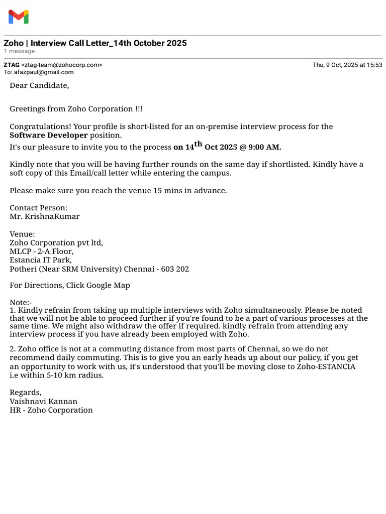 Gmail - Zoho - Interview Call Letter - 14th October 2025 | PDF