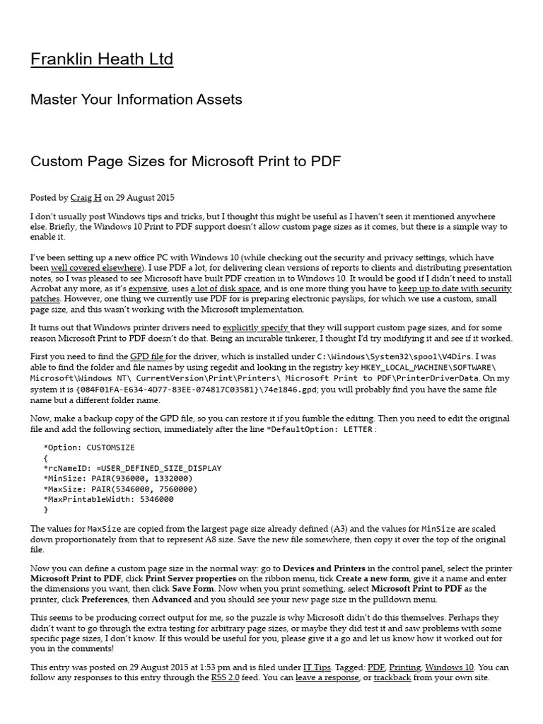 Custom Page Sizes For Microsoft Print To PDF Franklin Heath LTD | PDF ...