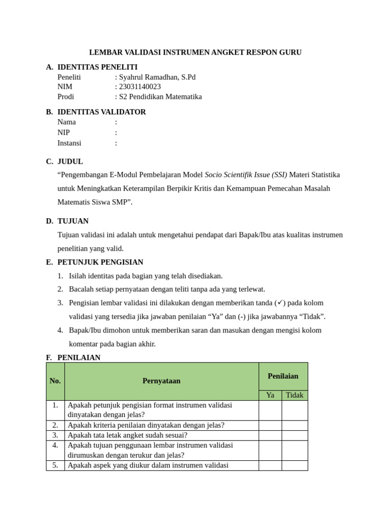 Validasi Instrumen Angket Respon Guru | PDF