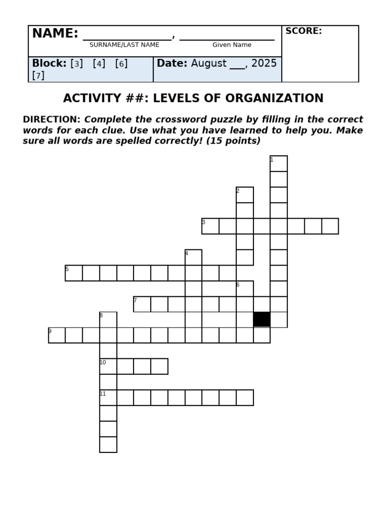 Levels of Organization Crossword Activity | PDF