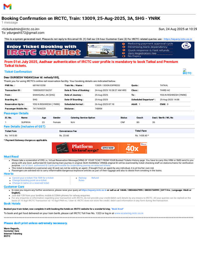 Gmail - Booking Confirmation On IRCTC, Train - 13009, 25-Aug-2025, 3A ...