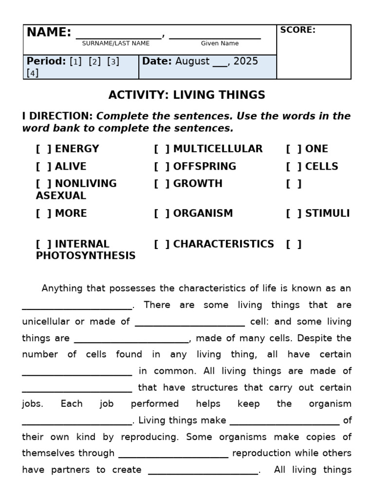 Science 6 Activity-Reading Comprehension Living Things | PDF