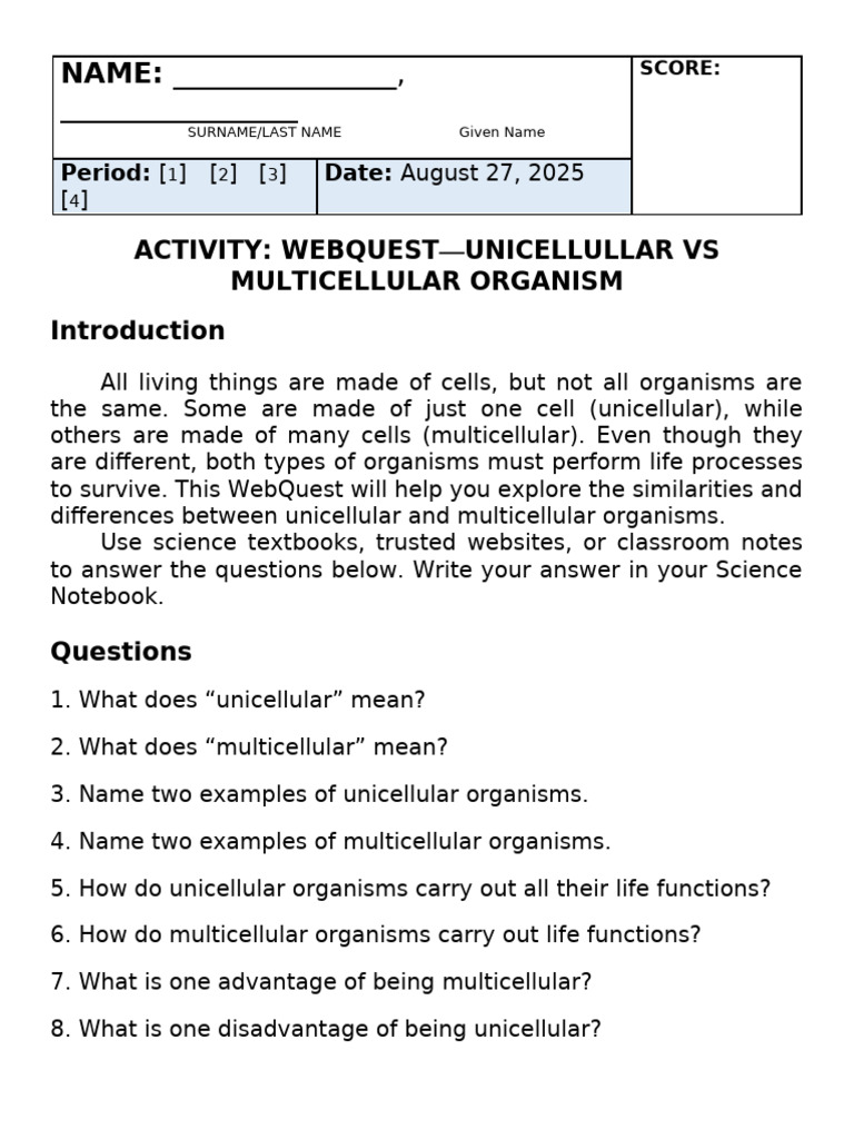 Science 6 Activity-WebQuest Unicellular Vs Multicellular Organism | PDF