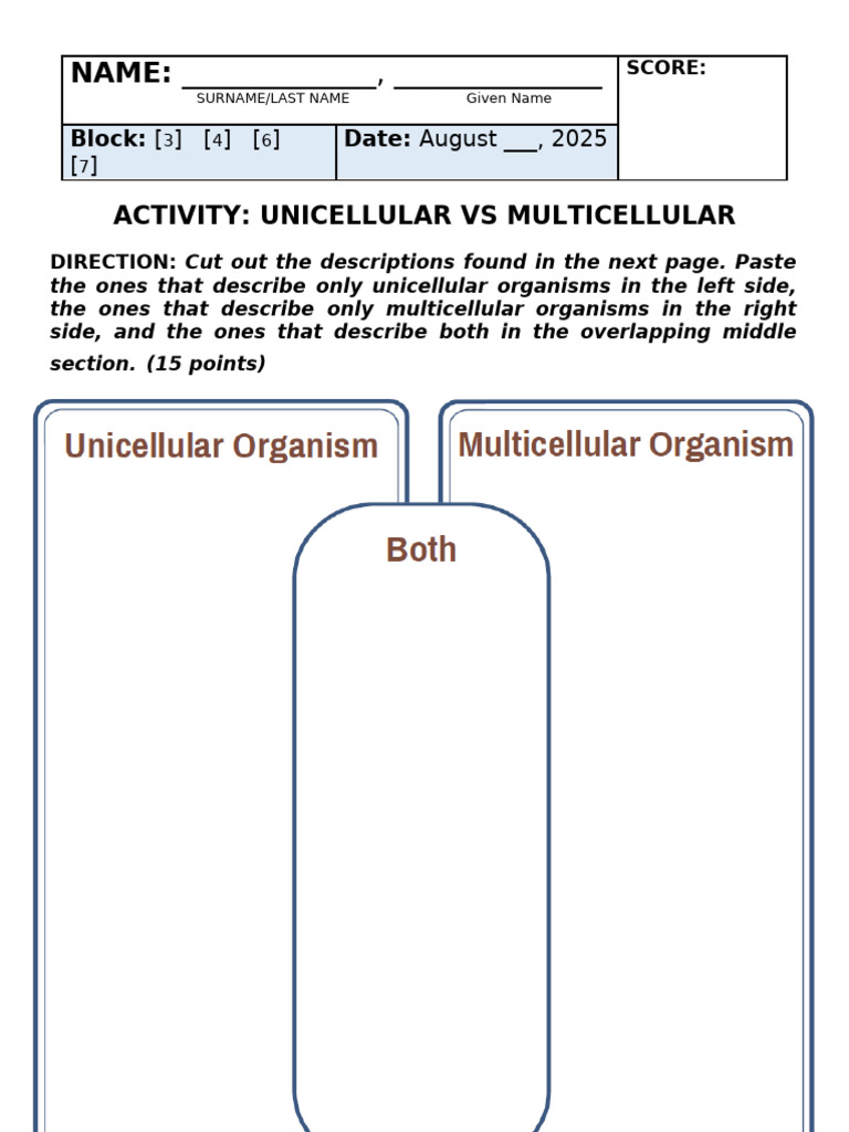 Science 6 Activity Unicellular Vs Multicellular Organism | PDF