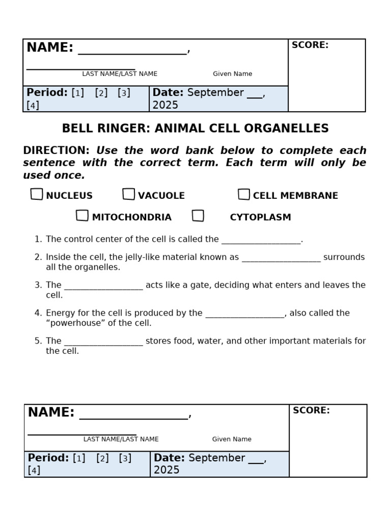 Science 6 Bell Ringer Animal Cell | PDF