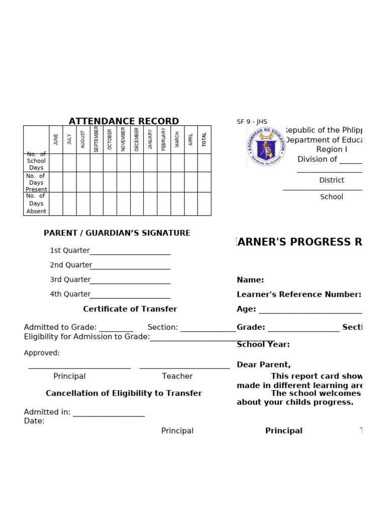 SF 9 - JHS ( (Learner's Progress Report Card B) | PDF | Learning | Behavior Modification