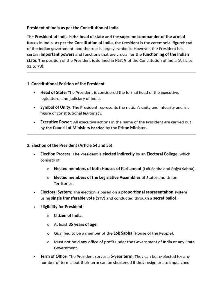 President of India As Per The Constitution of India | PDF | Government ...