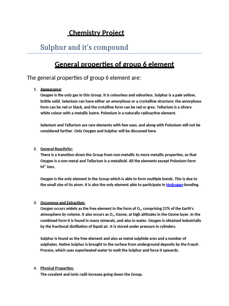Chemistry Project On Sulphur - ss2 | PDF | Sulfur | Oxygen