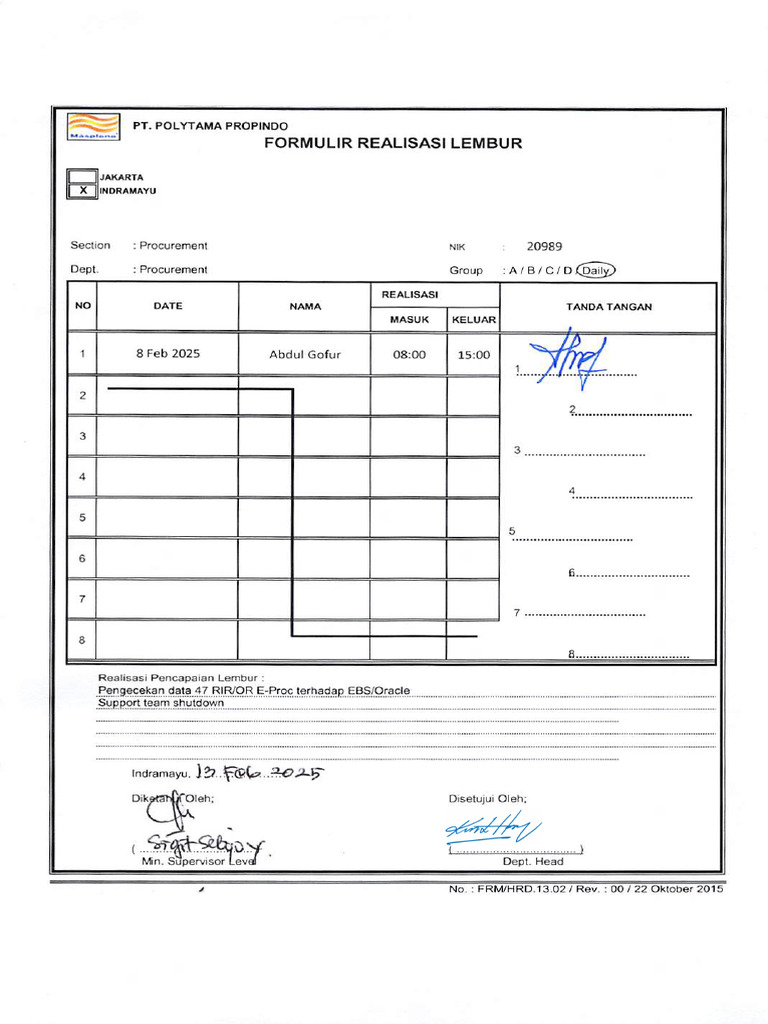 Formulir Realisasi Lembur | PDF