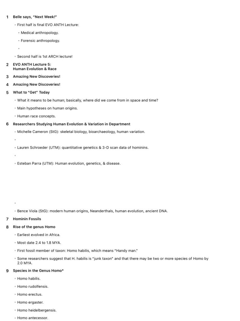EVO Outlines Lecture 5 | PDF | Homo | Human Evolution