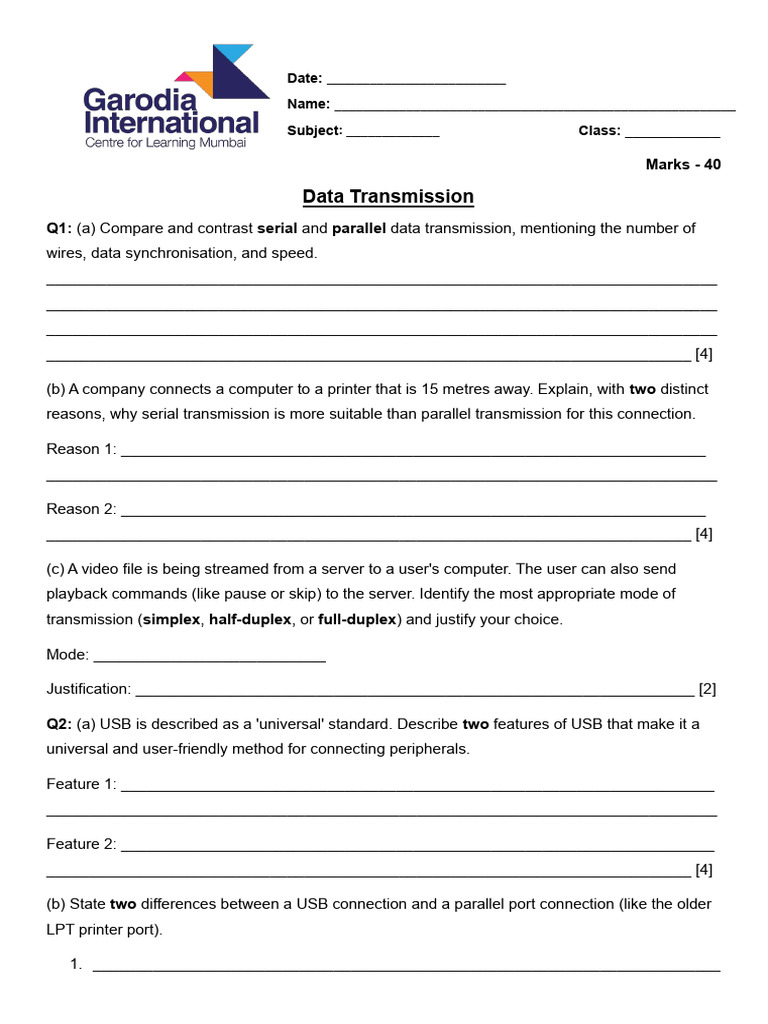 Grade 10 Worksheet - Data Transmission | PDF | Error Detection And Correction | Internet Protocols