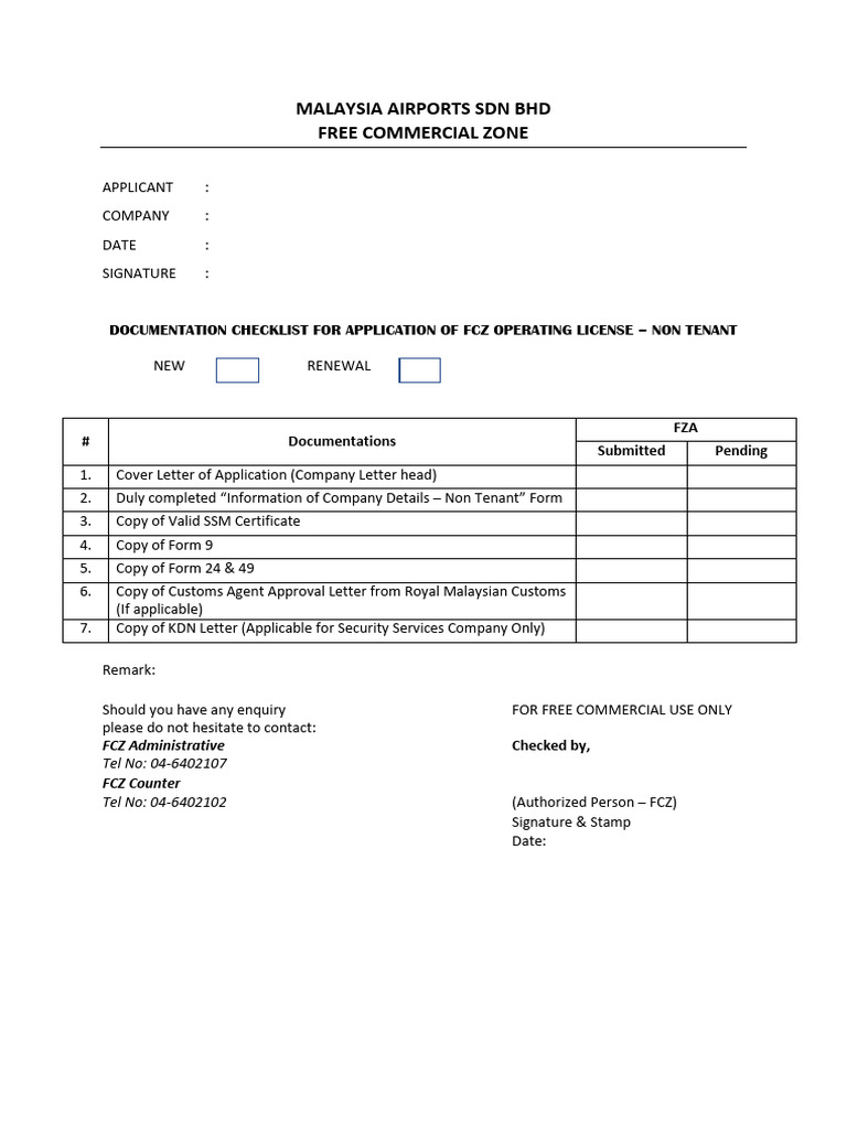 FCZ Operating License Checklist Malaysia | PDF