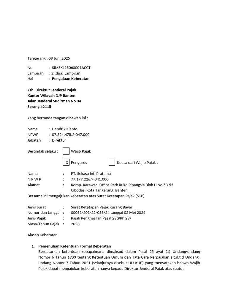Draf_Surat Keberatan PPh 23 NSI_2022 to NSI | PDF