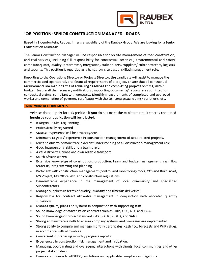Senior Construction Manager - Roads Job | PDF | Regulatory Compliance ...