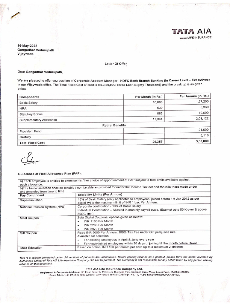 TATA Offer Letter | PDF