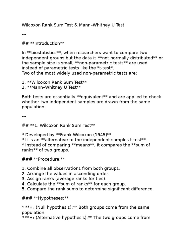 Wilcoxon Rank Sum Test Overview | PDF | Mann–Whitney U Test | Student's ...