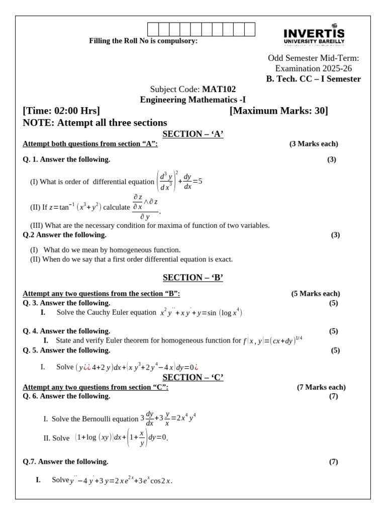 B. Tech Engineering Mathematics Mid-Term 2025 | PDF | Function ...