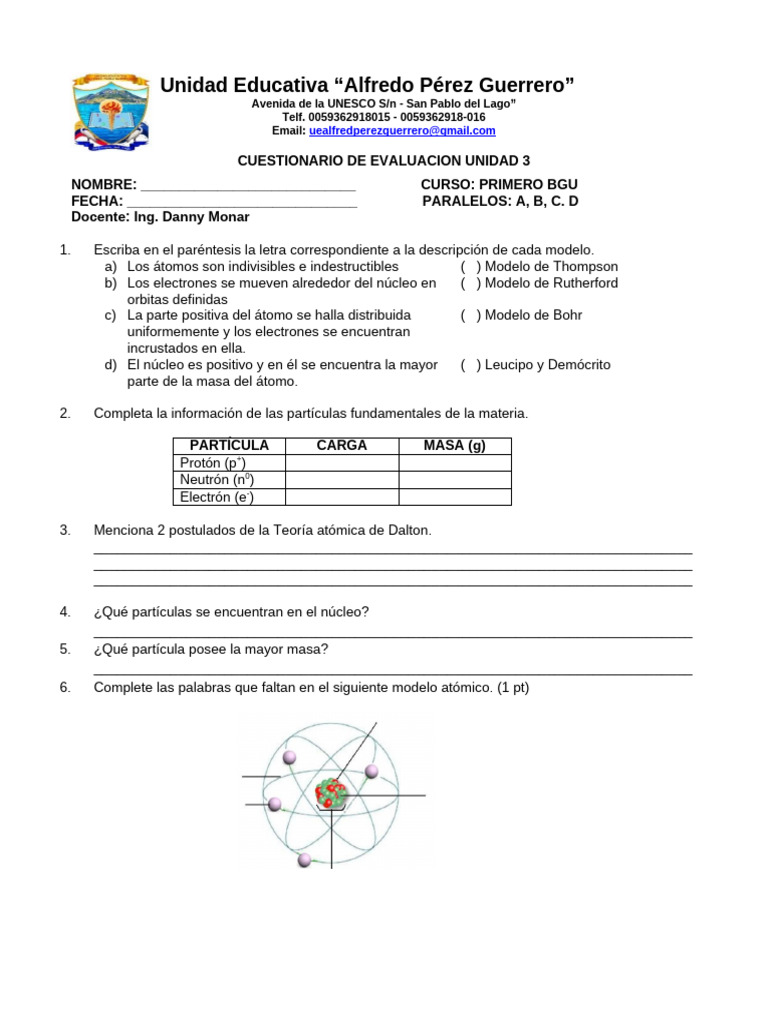 Cuestionario de Quimica 1 Bach 3 | PDF | Átomos | Núcleo atómico