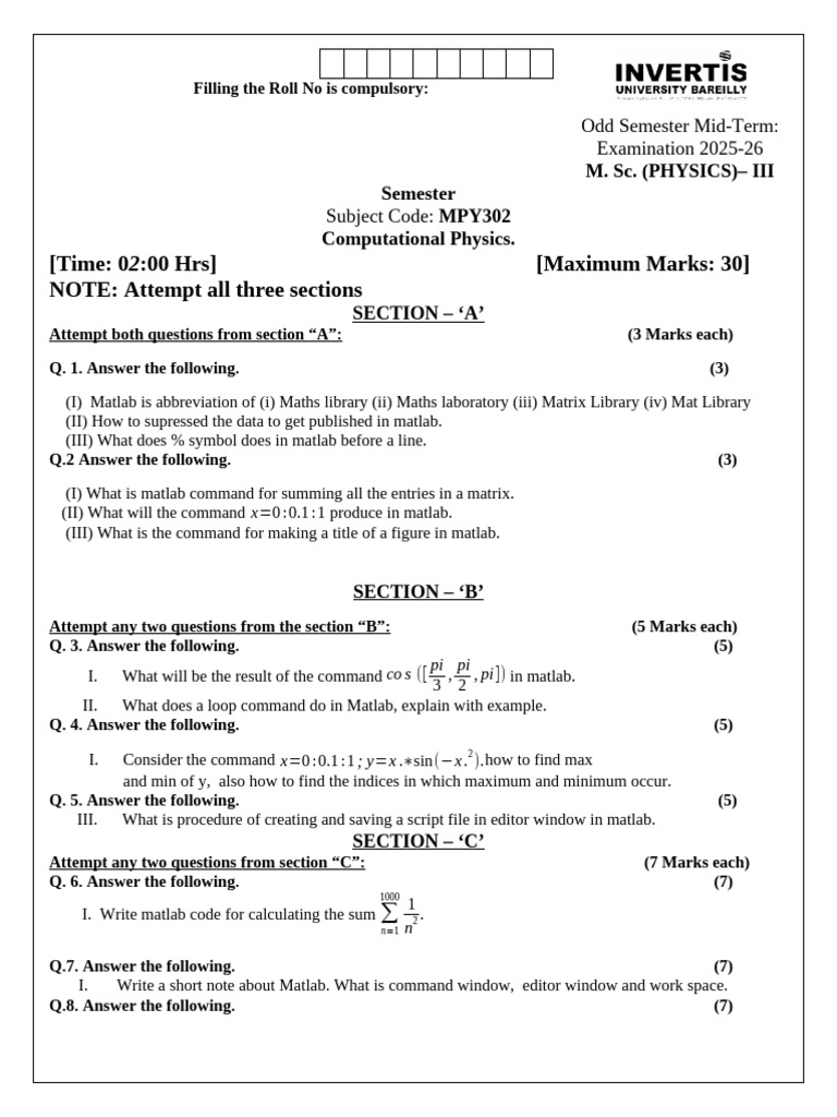 Mpy302 Mid Term Exam 25-26 | PDF | Matlab