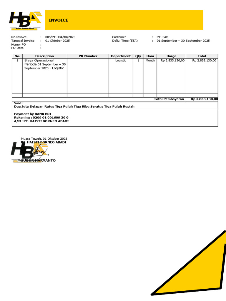 Invoice for Logistic Operations September 2025 | PDF