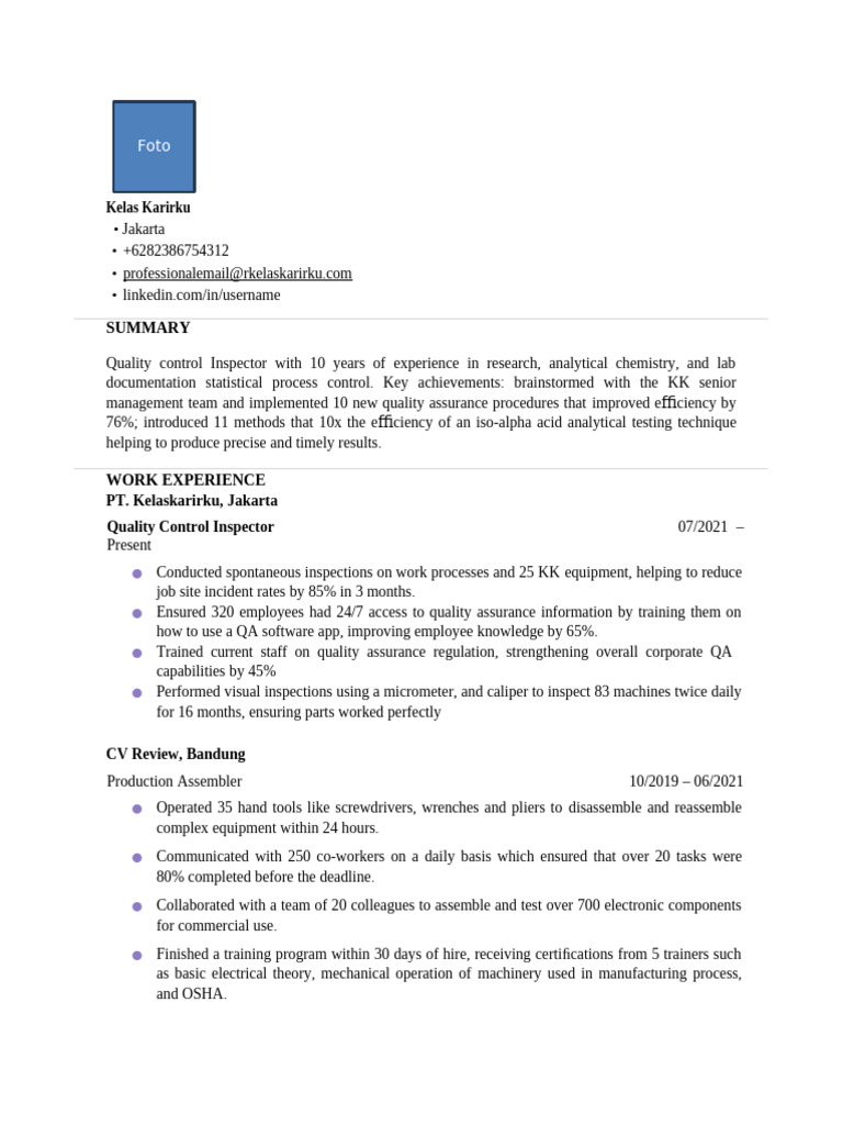 Quality Control Inspector CV Summary | PDF | Quality Assurance ...