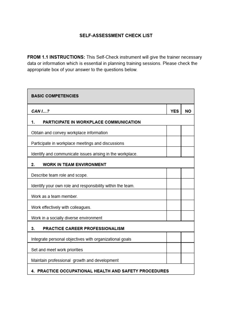 Self-Assessment Check List | PDF | Hors D'oeuvre | Occupational Safety ...