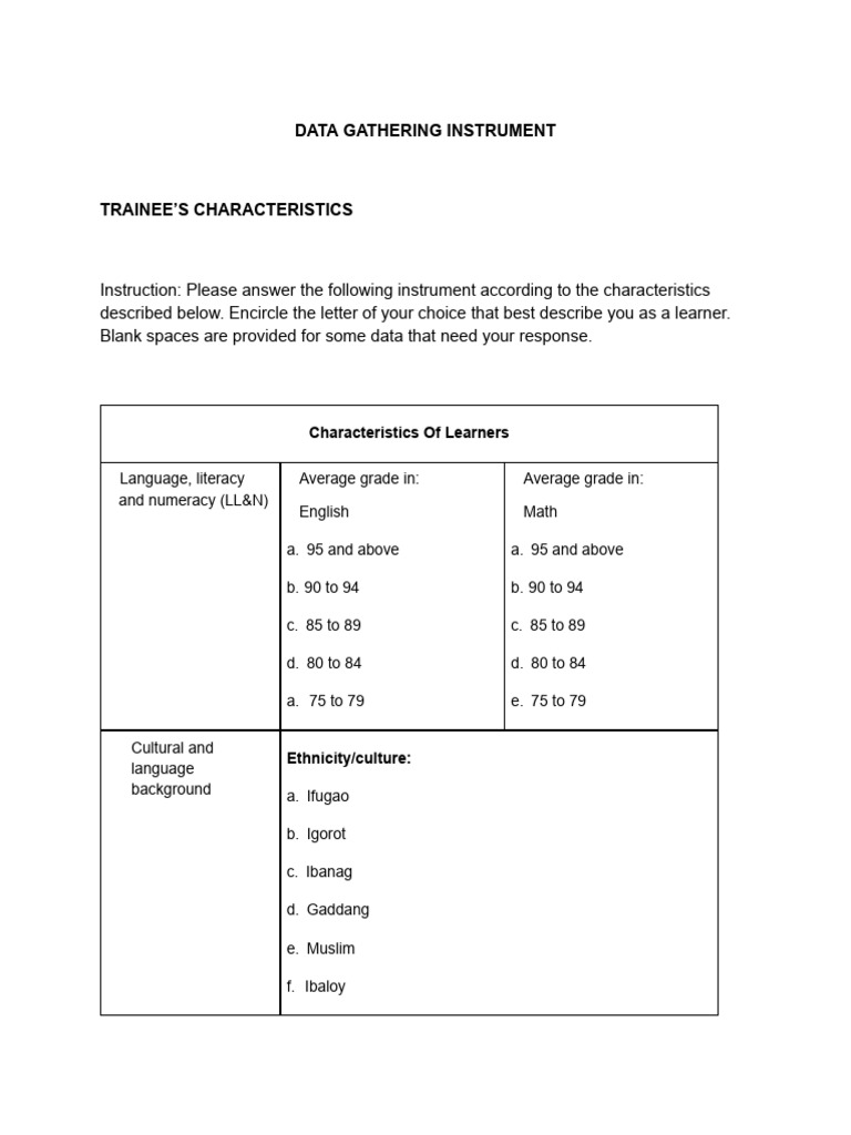 Data Gathering Instrument | PDF | Learning | Learning Styles
